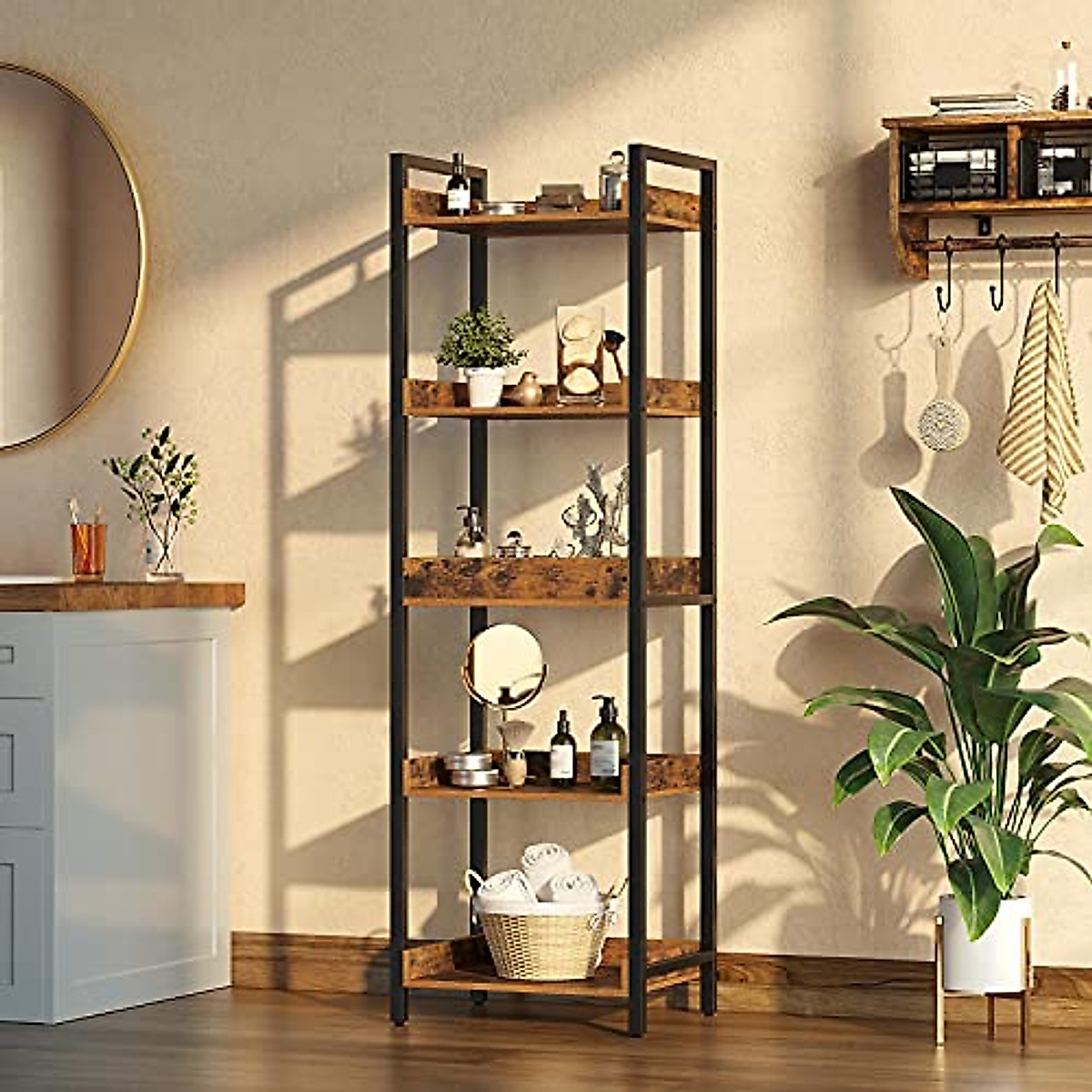 Rolanstar Bookshelf 6 Tier with 4 Hooks Bundle 5-Tier Storage Rack