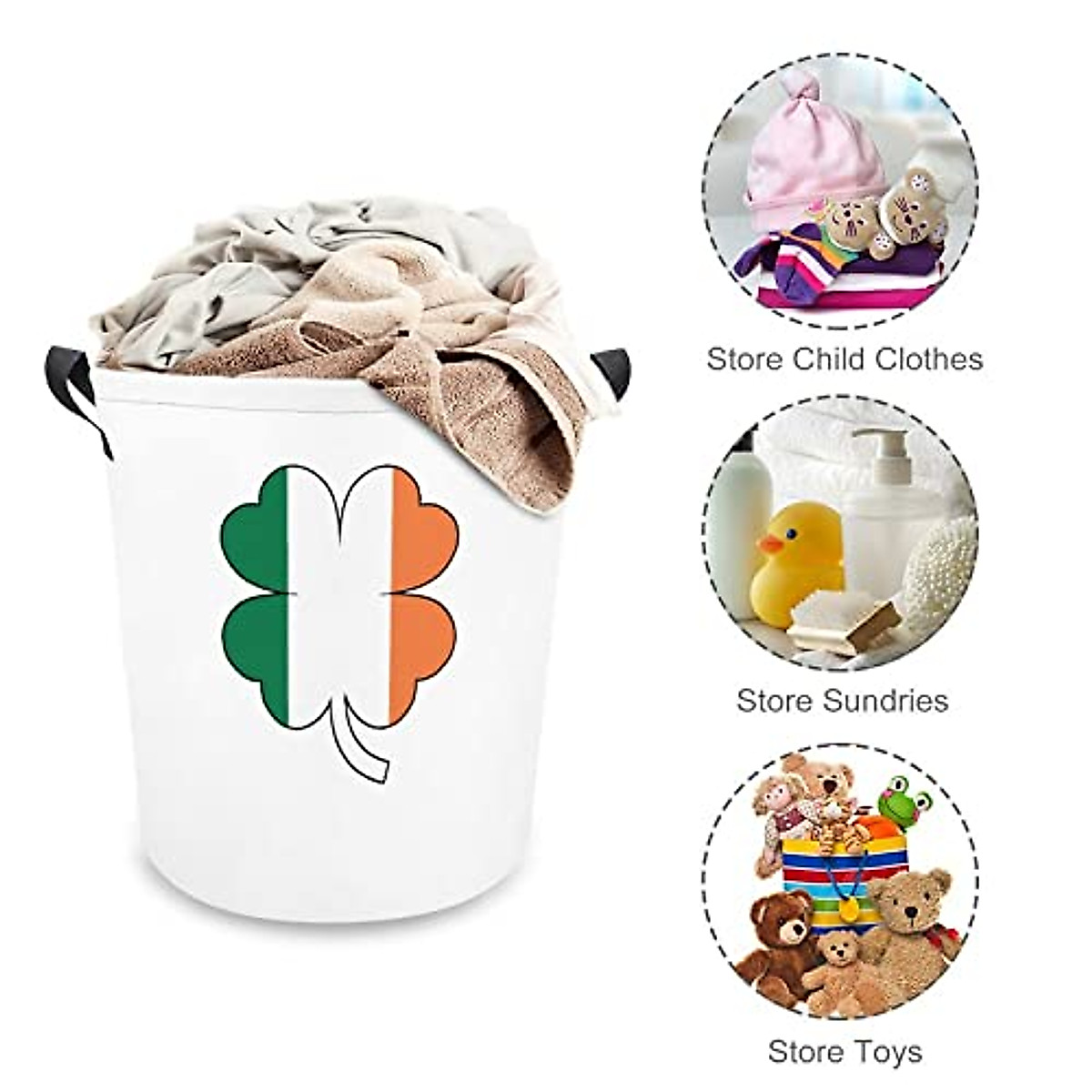 Patrick's Day Clover Leaf Large Laundry Basket Hamper Bag Washing with Handles for College Dorm Portable