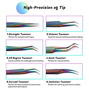 Kolybel Eyelash Extension Tweezers Professional Precision Stainless Steel Lash Extension Tweezers for Mega Volume and Mink Eyelashes Extensions Applying Curved Tips（Color-K05)