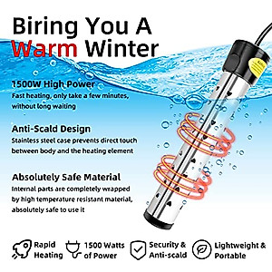 ZEGNEER Immersion Water Heater, 1500W Electric Submersible Water Heater with Stainless Steel Guard Cover, Portable Bucket Heater to Heat 5 Gallons of Water in Minutes,Black