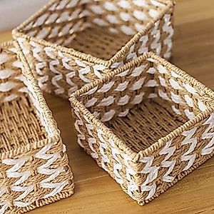 Storage Baskets Set 3 -Stackable Woven Basket Paper Rope Organizing Baskets Set Handmade Decorative Home Storage Bin for Makeup/Closet/Bathroom/Bedroom (off white)