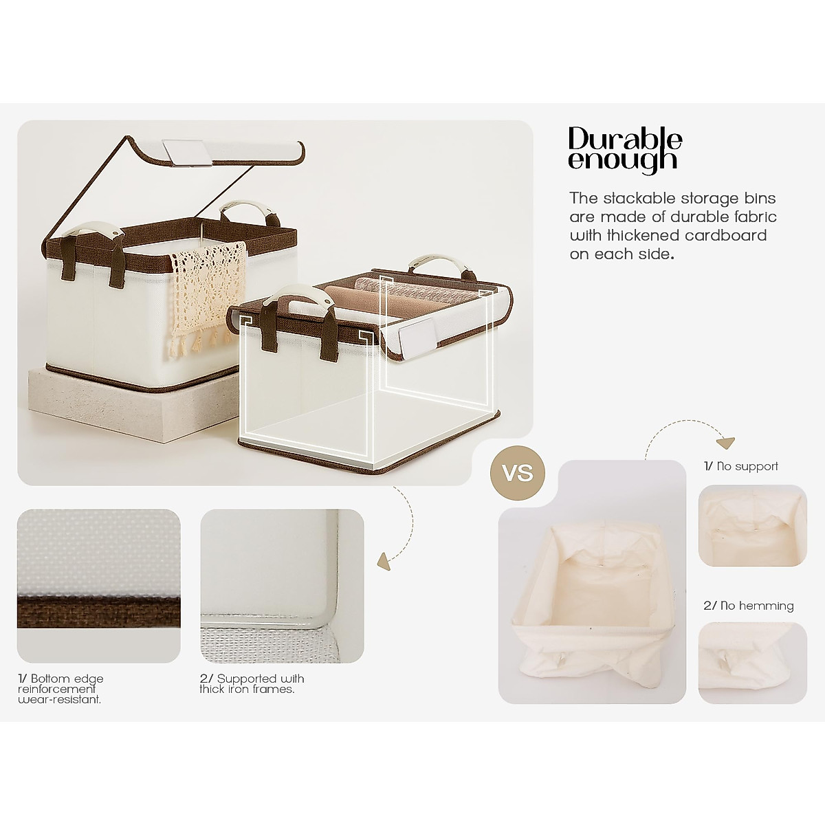 LoforHoney Home Storage Bins with Lids, Large Storage Basket with Handles for Shelves, Foldable Fabric Storage Box with Metal Frame for Home,Office, Beige,2-Pack