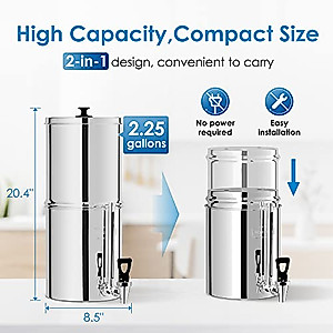 Waterdrop Gravity-fed Water Filter System, NSF/ANSI 372 Certification, 2.25G Stainless-Steel Filter System with 2 Filters and Metal Spigot, Reduces up to 99% of Chlorine-King Tank Series, WD-TK