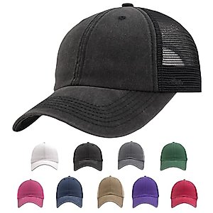 Vintage Washed Snapback Summer Trucker Baseball Hat for Women, Unstructured Cotton Crown/Soft Mesh/Flexible Visor/Foldbale for Pocket-Black