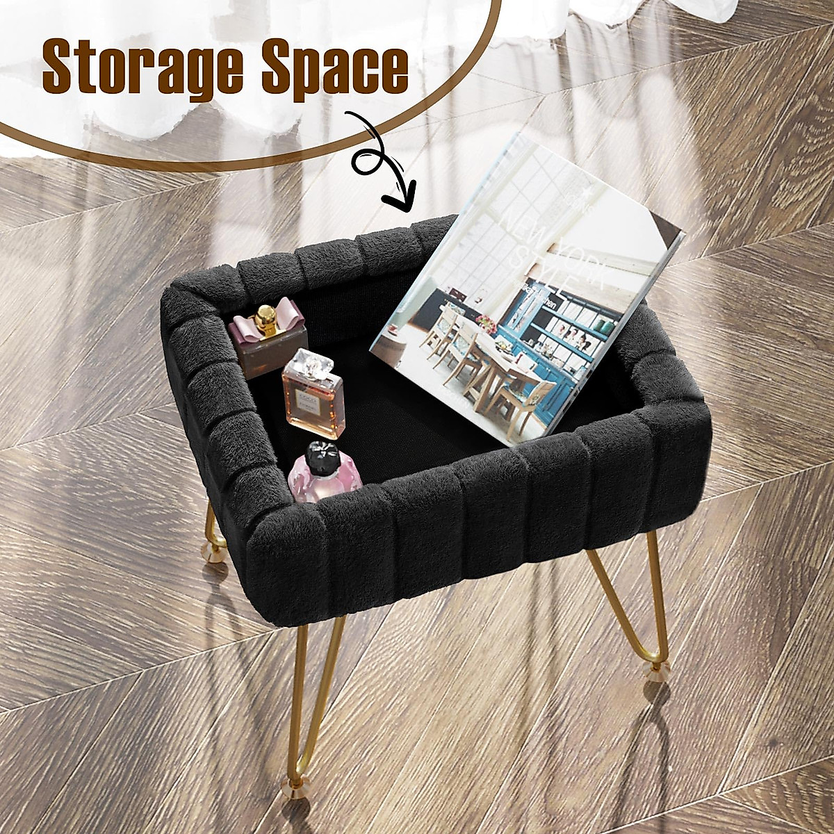 Greenstell Vanity Stool Chair Faux Fur with Storage, 15.7"L x 11.8"W x 19.4"H Soft Ottoman 4 Metal Legs with Anti-Slip Feet, Furry Padded Seat, Modern Multifunctional Chairs for Makeup, Bedroom Black