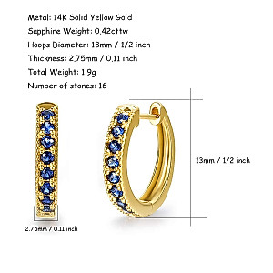 Carleen 14K Solid Yellow Gold Hoop Earrings 0.42cttw Genuine Sapphire Birthstone Earrings Huggie Cartilage Valentines Day Gifts Birthday Gifts for Women Fine Jewelry 1/2" (13mm)