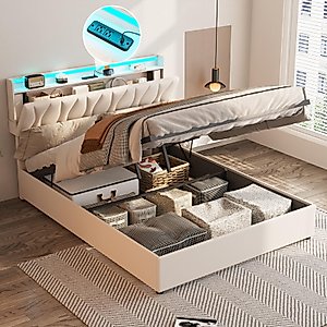 Queen Size Lift Up Storage Bed Frame with Adjustable Headboard, Charging Station, LED Lights, Wood Slats, Noise-Free, No Box Spring Needed, Beige