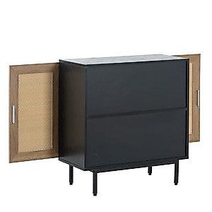 Wekity Rattan Cabinet with Storage, Sideboard Storage Cabinet with 2 Rattan Decorated Doors Fixed Shelf Large Space Wood Cabinet for Living Room Entryway Hallway Dining Room (Black)