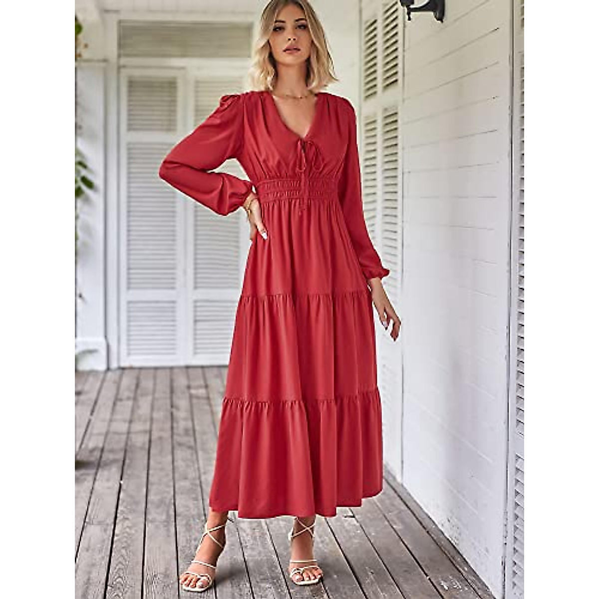 ZAFUL Women Casual V Neck Long Dress Tie Neck Solid Color High Waist Tiered Ruffle Hem A Line Swing Maxi Dresses (1-Wine, M)