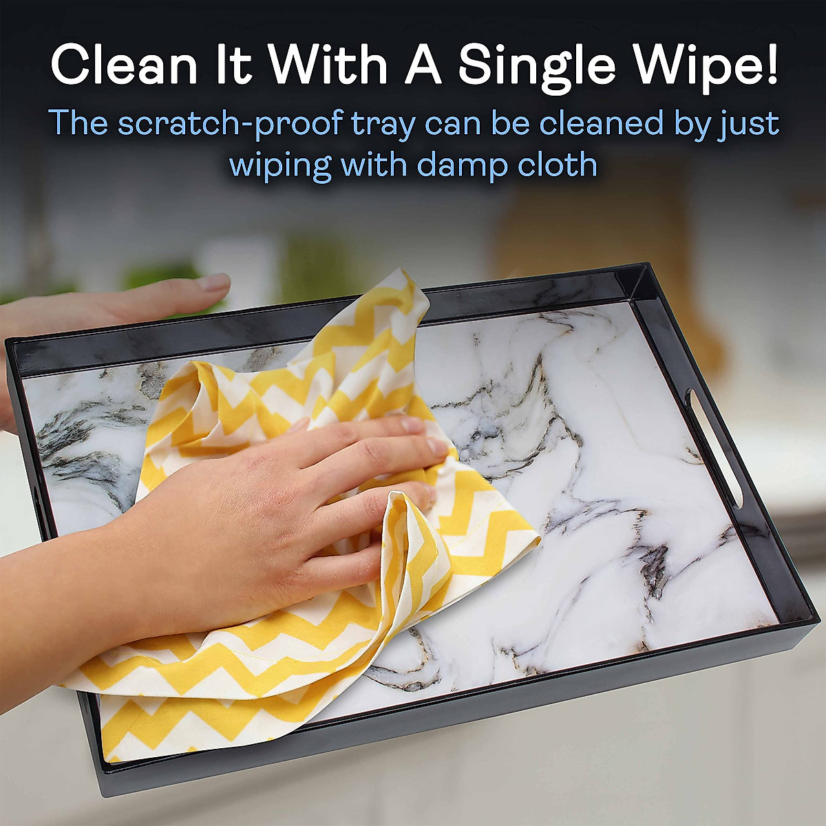 Bowmani Large Ottoman Tray Set - Faux Marble Coffee Table Tray with Black Accents, 18 x 12 Inches