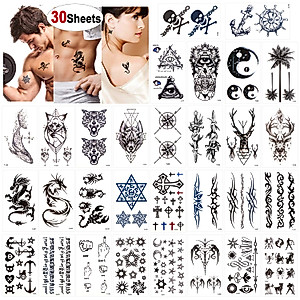 Konsait Temporary Tattoos for Adult Men Women Kids(30 Sheets), Waterproof Temporary Tattoo Fake Tattoos Body Art Sticker Hand Neck Wrist Cover Up Set, Dragon Anchor Scorpion Wolf Graphic Elk