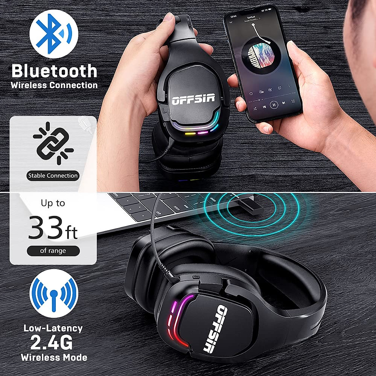 OFFSIR Wireless Gaming Headset with Noise Cancelling Microphone for PC PS5 PS4,Bluetooth Gaming Headset Surround Sound 2.4G USB Gamer Headphones with Mic RGB Lights for PlayStation Mac Computer Laptop