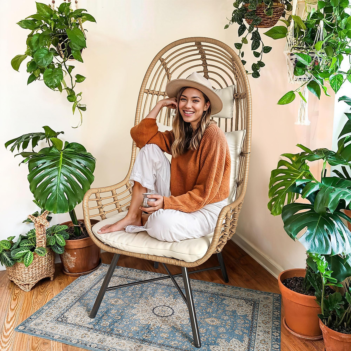 YITAHOME Outdoor Narrow Egg Chair, Patio Wicker Basket Chair with 370lbs Capacity Indoor Egg Chairs with Stand & Cushion Cocoon Chair for Bedroom, Patio, Balcony (Beige)