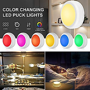 BLS LED Puck Lights with Remote Control, Wireless Under Cabinet Lighting, Battery Powered Lights, Stick on Lights, Color Changing Lights with Dimmer and Timer, AA Battery Operated Closet Light, 6 Pack