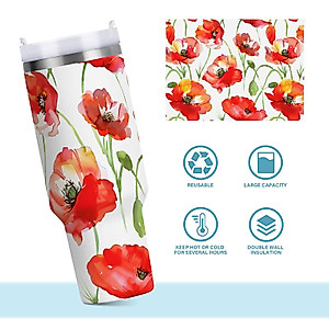 FENOCHE Poppy Flower Floral 30 oz Tumbler Insulated Cups Stainless Steel Water Bottle with Handle Lid and Straw Tumblers for Car Cup Holder