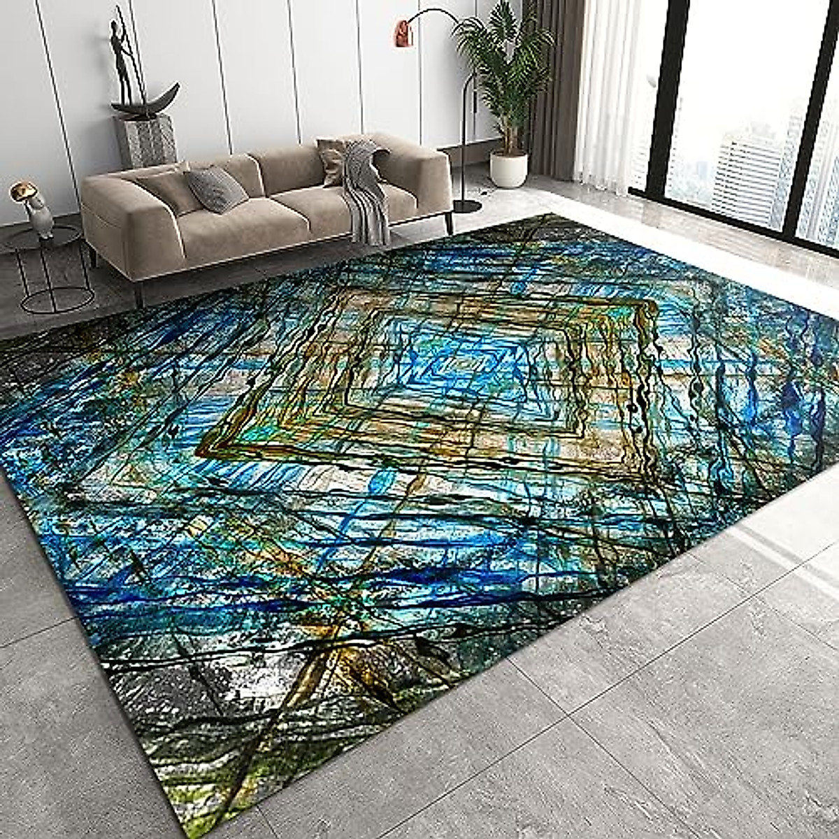 American Abstract Retro Living Room Decor Area Rugs, Diamond Pattern Geometric Design Bedroom Carpet, Low Pile Soft Machine Washable Non Slip Backing Interior Door Mat Pet Carpet Game Room-2ft x 3ft