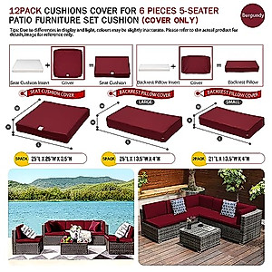 12 Pack Outdoor Patio Cushions Pillows Replacement Covers Fit for 6 Pieces 5-Seater Wicker Rattan Furniture Conversation Set Sectional Sofa Chair,Water-Resistant Fadeless,Burgundy-Covers Only
