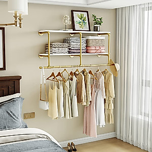 MAIKAILUN Wall Mounted Clothes Rack Gold with Shelf, 52" Long Industrial Pipe Clothing Rack with 2 Tier Shelves Heavy Duty Iron Garment Rack Bar,Retail Display Clothes Rod for Clothes,Laundry Room