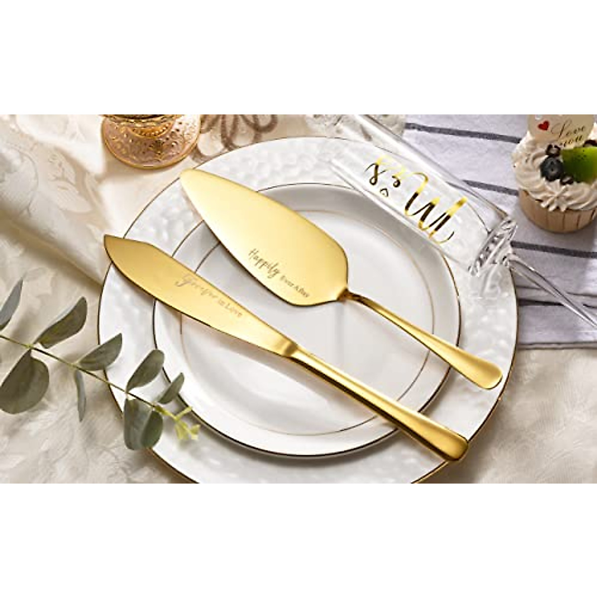 ROXBURGH Wedding Cake Knife and Server Set, Wedding Champagne Flutes, Gold Bride and Groom Champagne Flutes Toasting Glasses Engraved Mr and Mrs, Cake Cutting Set for Wedding Engagement Gifts