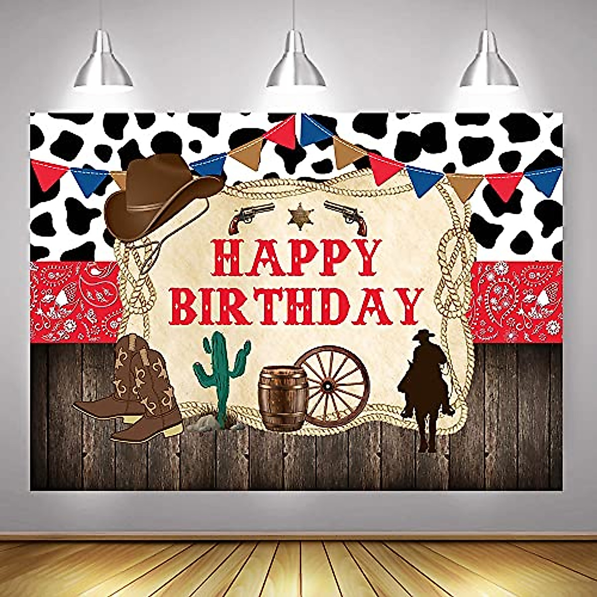 Mocsicka Western Cowboy Happy Birthday Backdrop Rustic Old West Rodeo Cowboy Background Red Bandana and Rustic Wood Kids Birthday Party Decoration Banner (7x5ft (82x60 inch))
