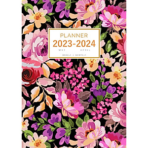 Planner 2023-2024: A4 Weekly and Monthly Organizer from May 2023 to April 2024 | Painted Colorful Flower Design Black