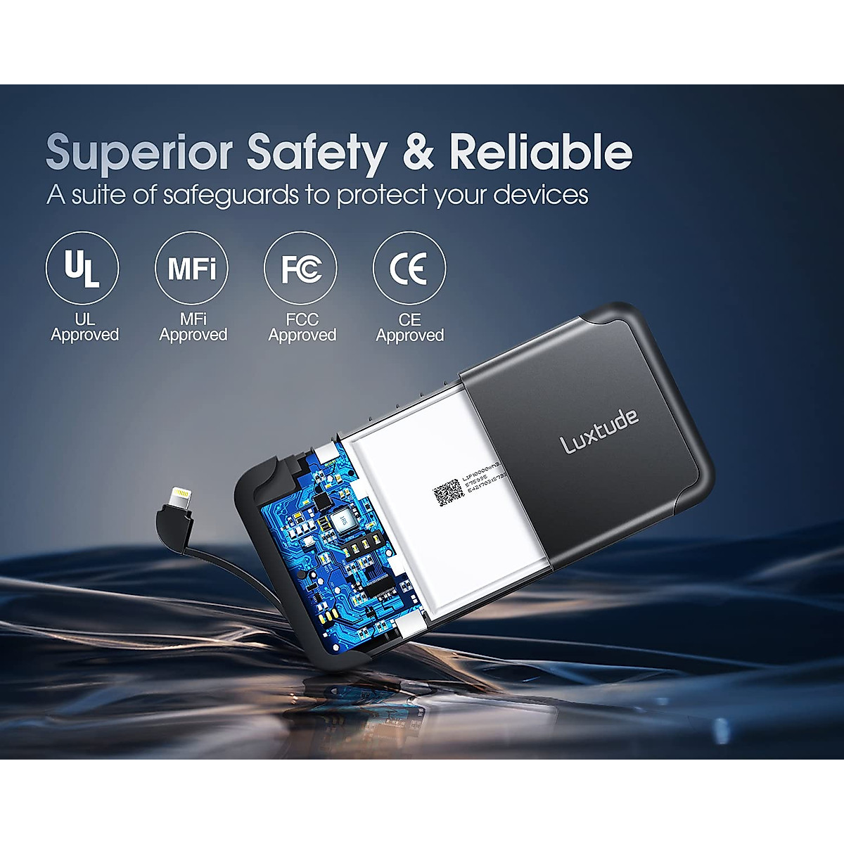 Luxtude 10000mAh Portable Charger for iPhone Built-in Lightning Cable, Mfi Apple Certified Slim Power Bank Portable Phone Charger, Fast Charging External Battery Pack for iPhone15, Android, iPad etc.