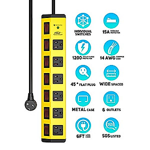 CRST 6-Outlet Heavy Duty Metal Power Strip with Individual Switches and Flat Plug, 15AMP/1875W Surge Protector (1200 Joules), 6-Feet 14AWG Cord with Hook and Loop Fastener
