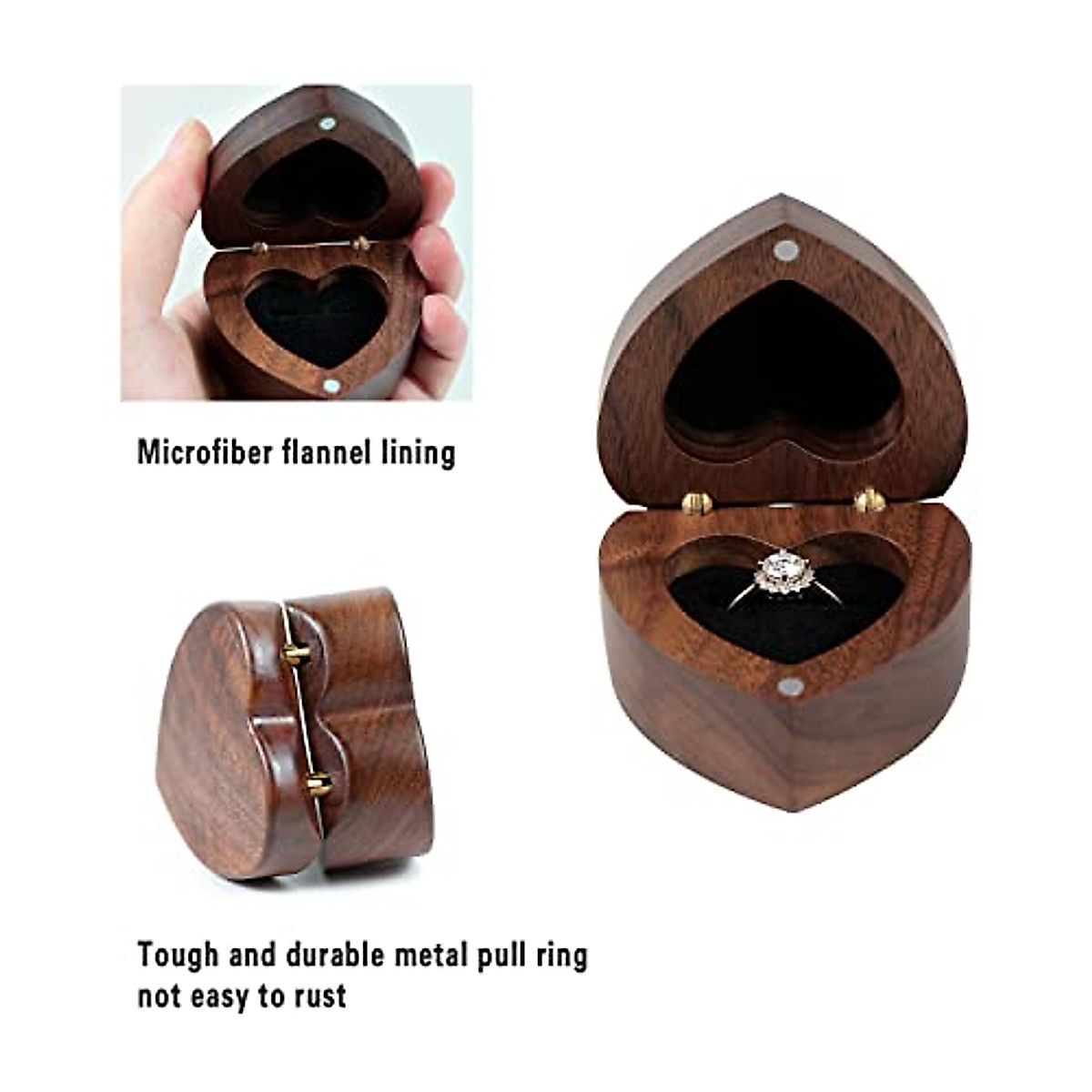 Wood Ring Box Heart Shaped Velvet Soft Interior Holder Jewelry Handmade Wooden Presentation Box Jewelry Chest Organizer Earrings Coin Case for Proposal Engagement Wedding Ceremony Birthday Gift