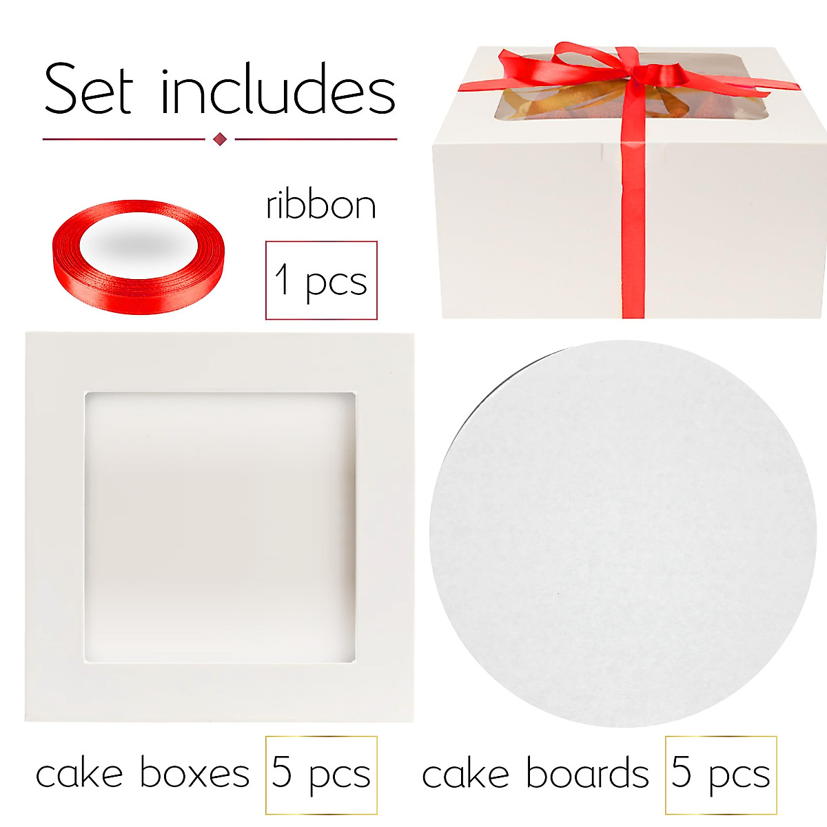 BELMAKS 10 Inch Cake Box Set – Disposable Cake Containers with Lids and Red Ribbons Bakery Boxes with Window Tall Cake Boxes 10 Inch and 10 Inch Cake Drum Paper Box for Cake with Ribbon and Cake Board