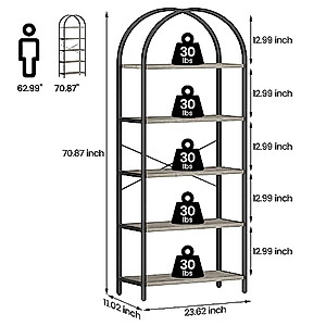 IDEALHOUSE Bookshelf 5 Tier Bookcase Arched Display Racks Tall Standing Bookshelves Metal Frame Farmhouse Storage Rack Shelf Grey Book Shelf for Bedroom, Living Room, Home Office