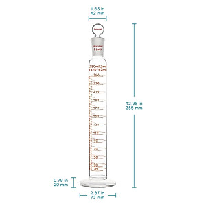 stonylab Measuring Cylinder with Stopper, 250 ml Heavy Wall Borosilicate Glass Measuring Graduated Cylinder with 24/40 Standard Ground Joint and Flat Head Stopper, 1 Pack