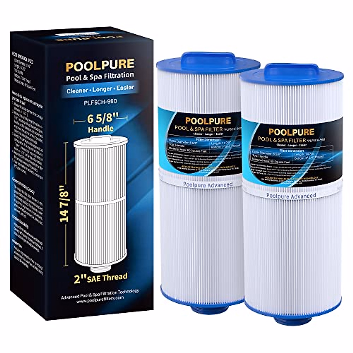 POOLPURE PLF6CH-960 Spa Filter Replaces PJW60TL-F2S, Jacuzzi Filters J-300, J400, Unicel 6CH-960, Filbur FC-2800, 6540-476, 6540-383, Hot Tub Filter with Closed Handle(Not be Removed) 2 Pack (14 7/8")
