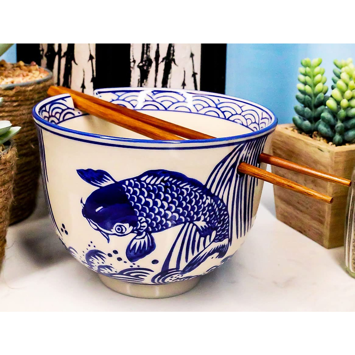 Ebros Ming Style Zen Blue White Koi Fishes By Waterfall Ramen Udong Noodles 5" Diameter Bowl With Built In Chopsticks Rest and Bamboo Chopstick Set for Dining Soup Rice Meal Cereal Bowls Decor Kitchen