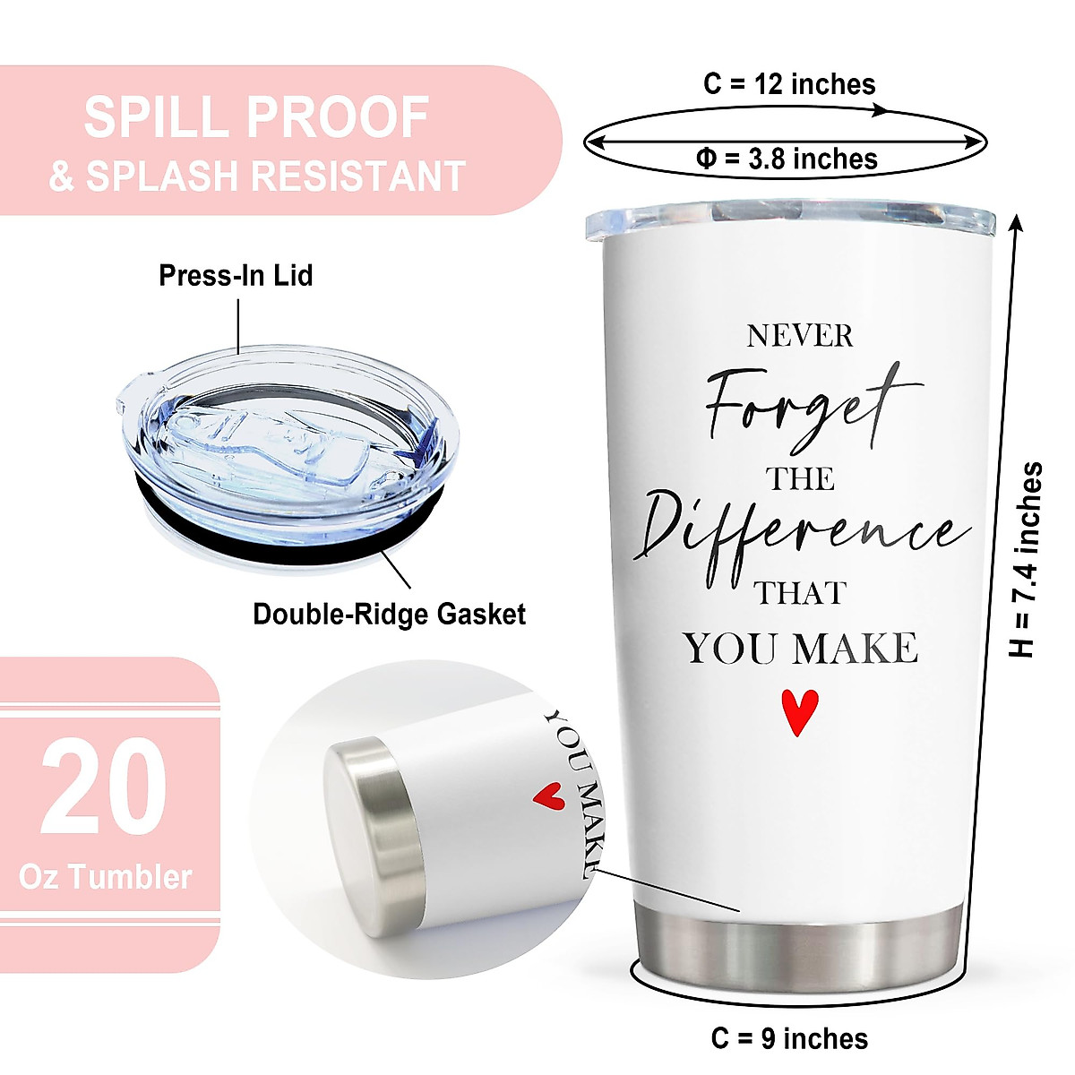 Pudmaple Thank You Gifts for Women/Men, Teacher/Employee Appreciation Gifts, Retirement Gift for Woman, Chaos Coordinator Farewell Gift for Coworkers, Never Forget The Difference You Make Tumbler 20oz