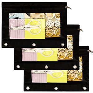 EOOUT 3 Pack Pencil Pouches for 3 Ring, Binder Pencil Pouches with Clear Window Zipper Pencil Cases for Binder (Black)
