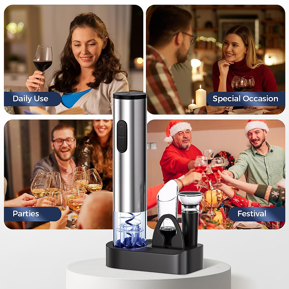 [6-IN-1] Electric Wine Opener, Battery Operated Wine Bottle Opener with Foil Cutter, Wine Aerator, Vacuum Stopper, Storage Base & Carrying Case, Ideal Wine Accessories for Wine Lovers, Stainless Steel