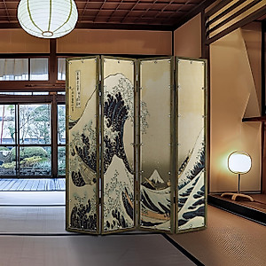 HOZUSO Room Divider 4 - Panel Folding Room Divider Single Side Japanese Ukiyoe Painting Wood Privacy Screens Foldable Portable Room Separating Room Partitions Freestanding Home Decor 71'' High