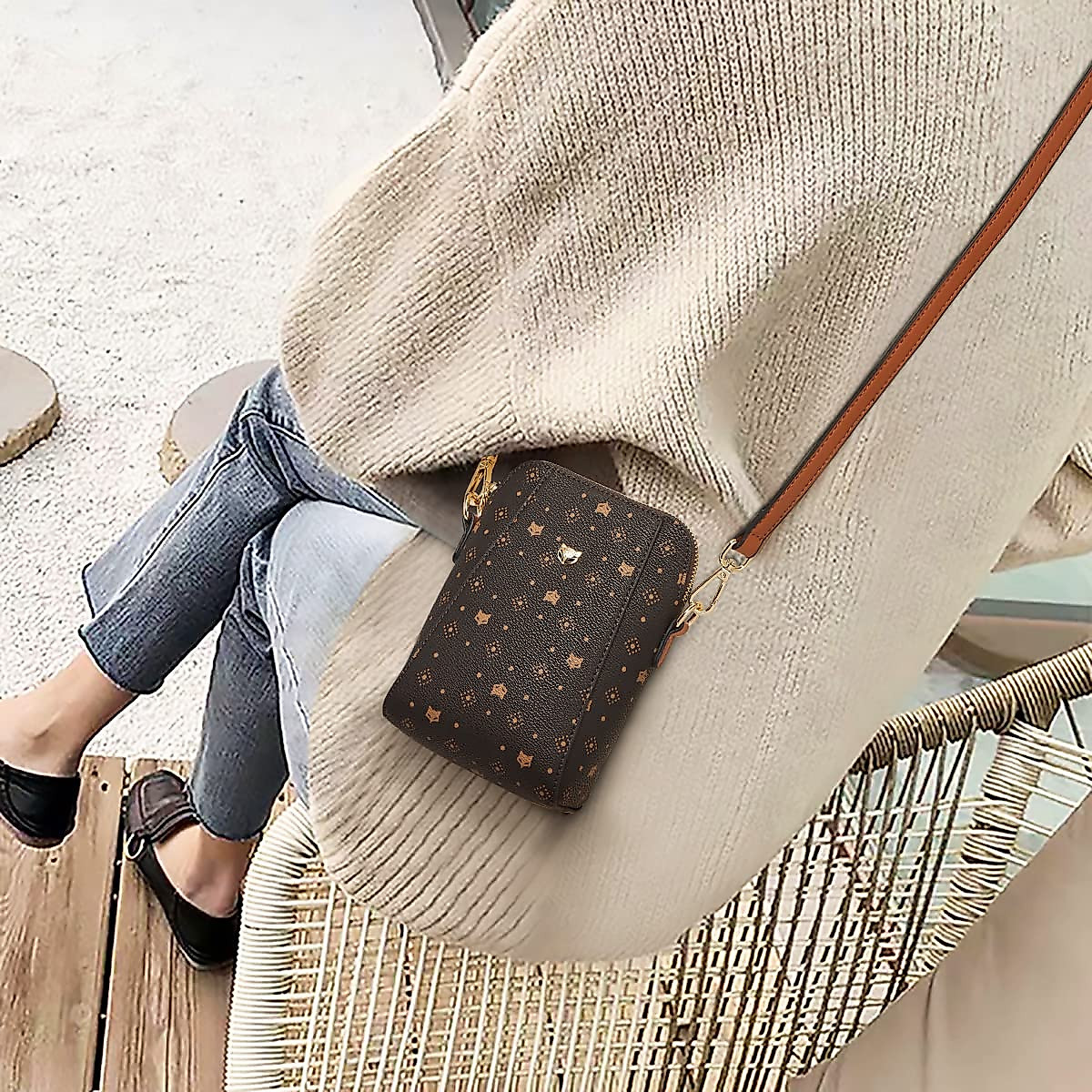 FOXLOVER PVC Faux Leather Signature Crossbody Purses for Women Casual Mini Shoulder Bags with Adjustable Strap Ladies Cellphone Purse Women’s Small Zipper Bags