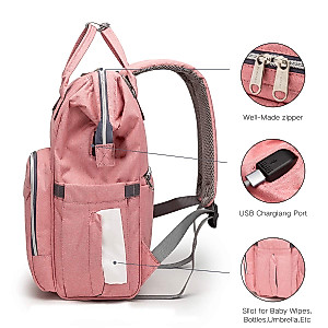 Erdoran Diaper Bag Backpack MultiFunction Waterproof Travel Baby Bag with USB Charging Port for Mom, Large Capacity, Stylish and Durable, Pink