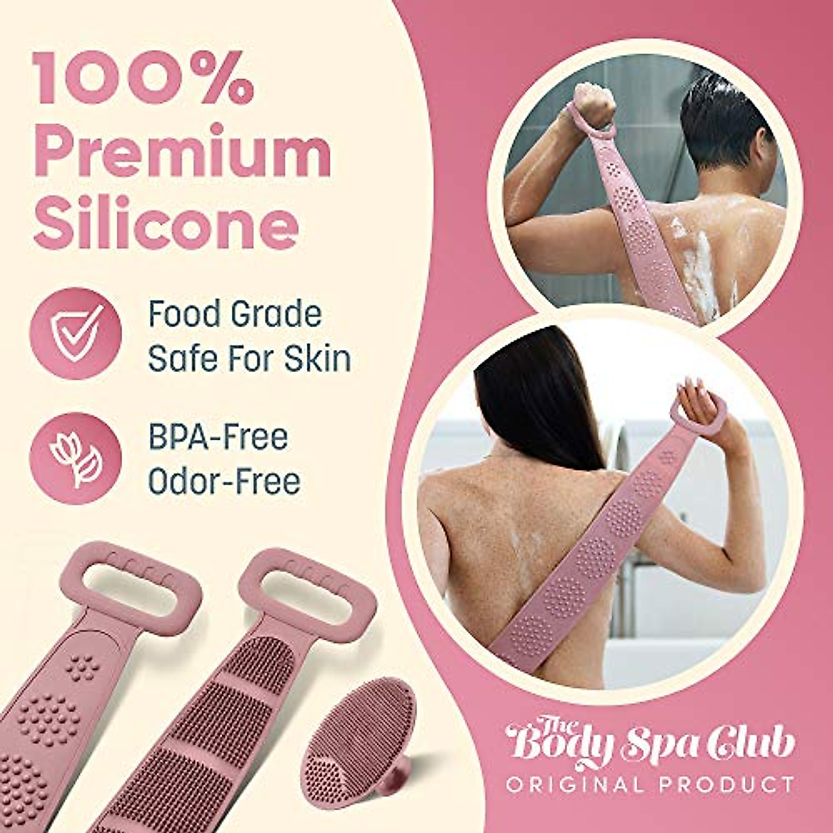 Silicone Back Scrubber for Shower- 32 and 36 Inches Back Body Brush Extra Long for Exfoliating & Massaging Hygienic Back Washer with Handle, Shower Silicone Back Scrubber for Men and Women, Pink.