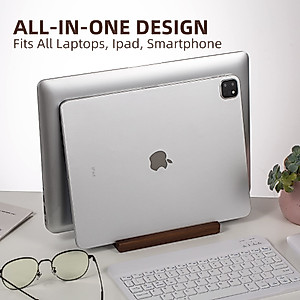 Vertical Laptop Stand Wood, Wooden Adjustable Laptop Holder, Walnut, 2 Slot, Double, Upright Laptop Holder for Desk, MacBook Stand, Laptop Dock, Desktop Organizer, Fits MacBook, Other Laptops, Phone