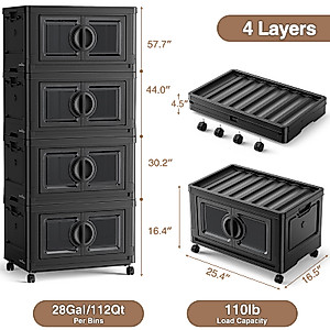 BROVIEW V9 112Gal Storage Bins with Lids, Stackable Collapsible Storage Bins with Wheels, Closet Organizers and Storage, Folding Plastic Cabinet with Doors for Home Office Garage, 4Pack Black