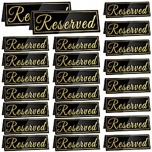 Yaocom 24 Pcs Reserved Table Signs Acrylic Guest Reservation Table Tents 5.9 x 2 Inch Reserved Seating Signs for Wedding Restaurant Office Meeting Chairs Birthday Party, Gold Words Black Background