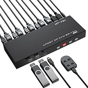 MT-VIKI KVM Switch DisplayPort 4 Port,4K@60Hz DP KVM Switch RGB 4:4:4 for 4 Computers Sharing 1 Monitor&Keyboard&Mouse, Support Hotkey/Button Switching, Include Cable