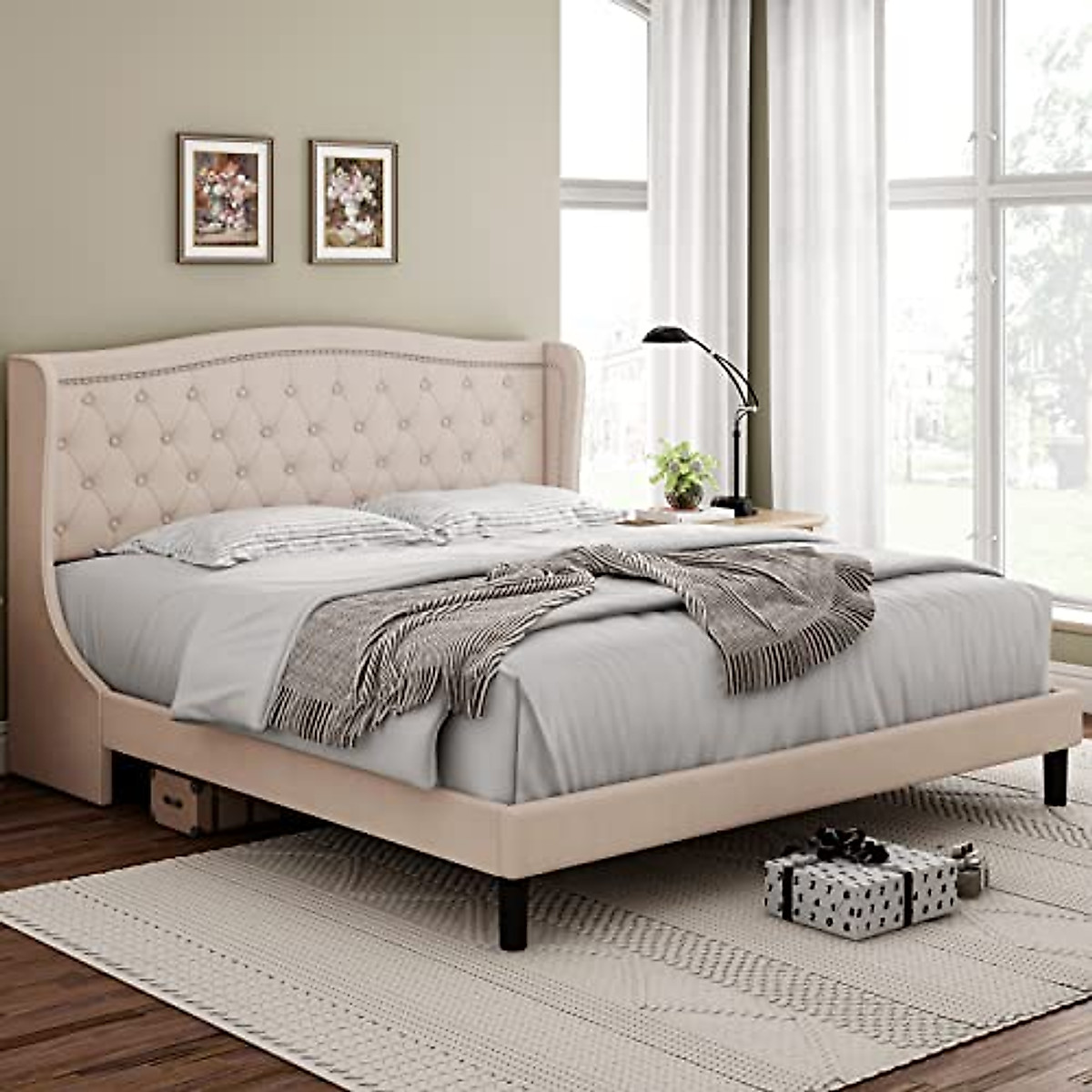 HOSTACK King Size Bed Frame, Modern Upholstered Platform Bed with Wingback Headboard, Heavy Duty Button Tufted Bed Frame with Wood Slat Support, Easy Assembly, No Box Spring Needed(Beige, King)