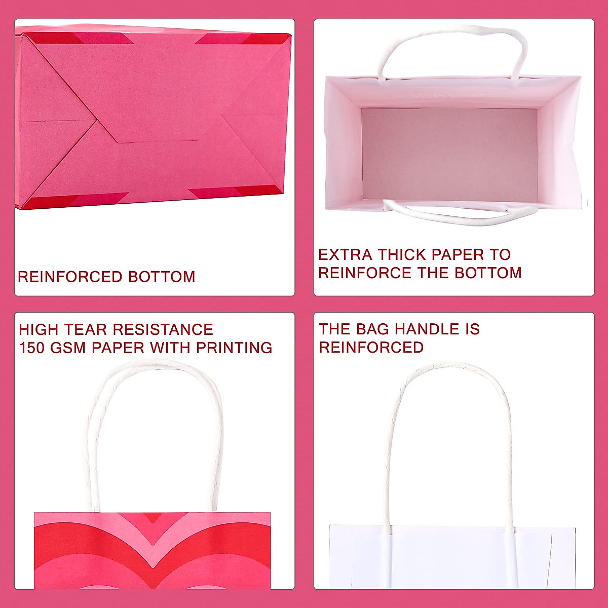 ECOptimize Gift Bag with Tissue Paper for Valentine's Day - 24 PCS Small Size(5.9"x3"x8") - Eco-Friendly Kraft White Paper Bag with Handle for Retail, Gift, Shopping & Party Favors(Pink, Red, Heart) - Double Side Pattern