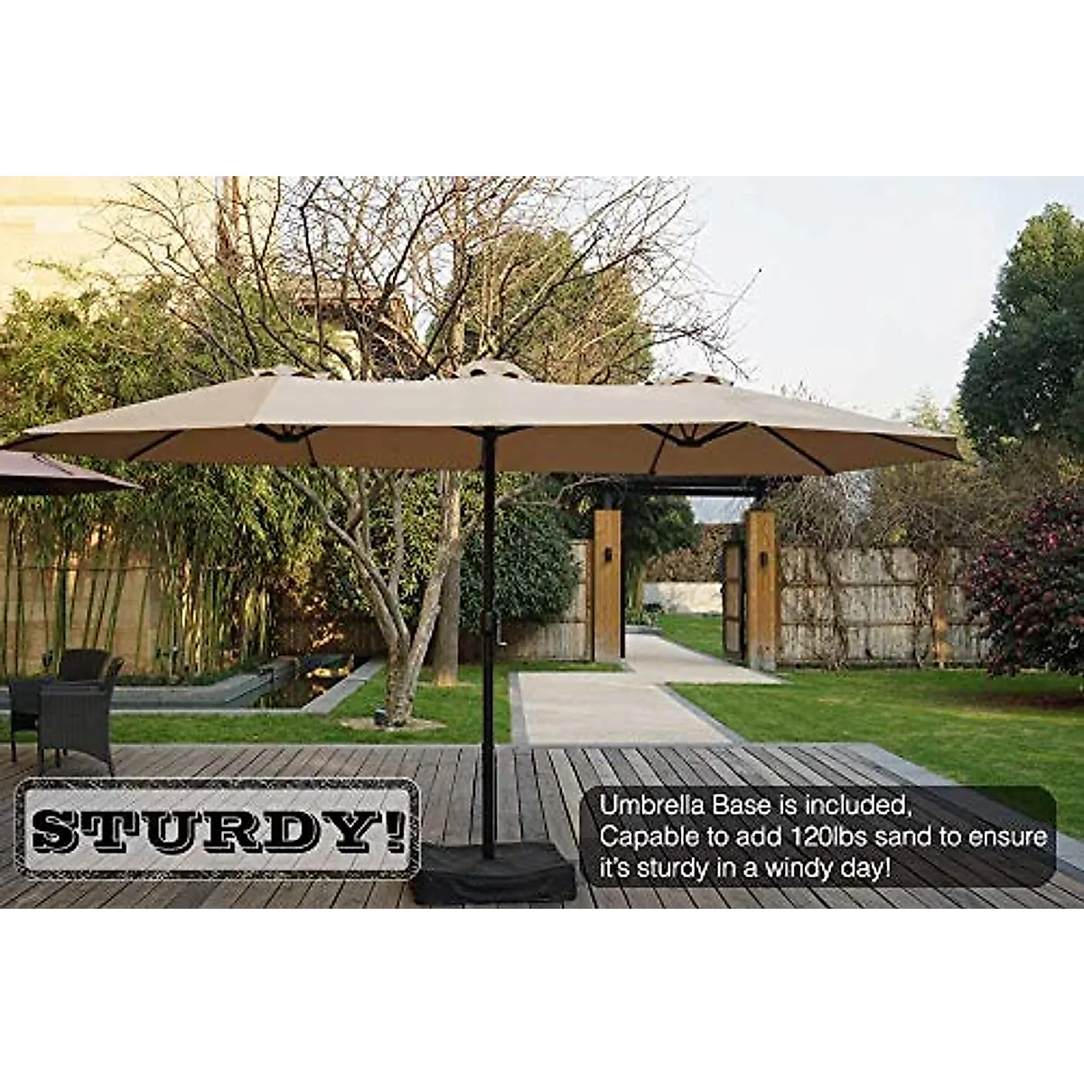 Kozyard Butterfly 14' Outdoor Patio Double-Sided Aluminum Umbrella with Crank and Base (Beige)