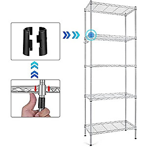 5-Shelf Shelving Units and Storage Heavy Duty, Wire Adjustable Shelf Utility Commercial Steel Organizer, Metal Shelves Wire Rack with 4 Hooks for Kitchen Bathroom Office and Garage, Set of 2 (Silver)