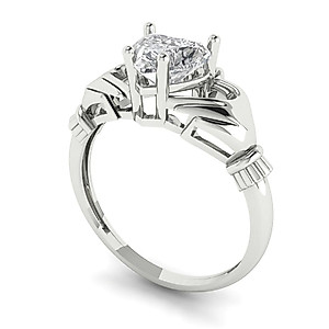 1.06 Ct Brilliant Heart Cut Clear Simulated Diamond 14K White Gold Solitaire Claddagh Engagement Anniversary Ring Size 10