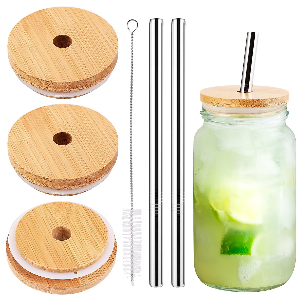 3 Pack Regular Mouth Bamboo Drinking Lid with Straw Hole and Straw Compatible with Mason Jar, Wood Drinking Lids for 70mm Regular Mouth Jar